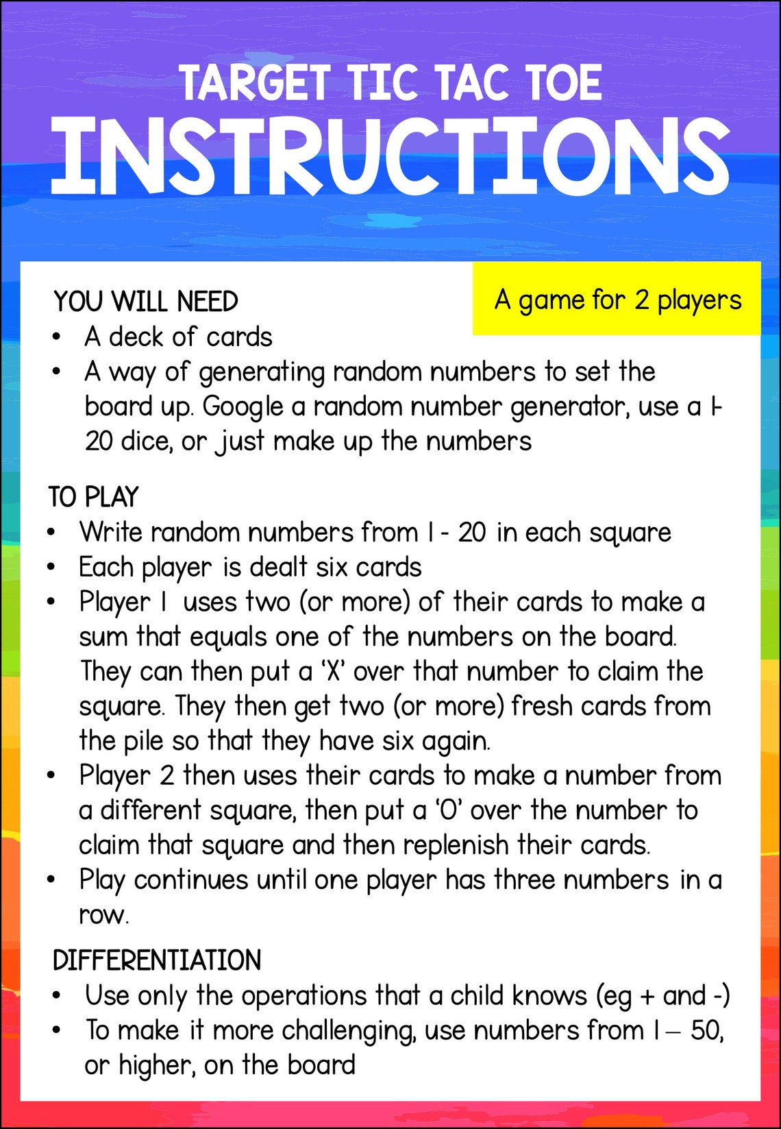Four Operations Math Game, Tic Tac Toe Math Practice, Number Fact ...