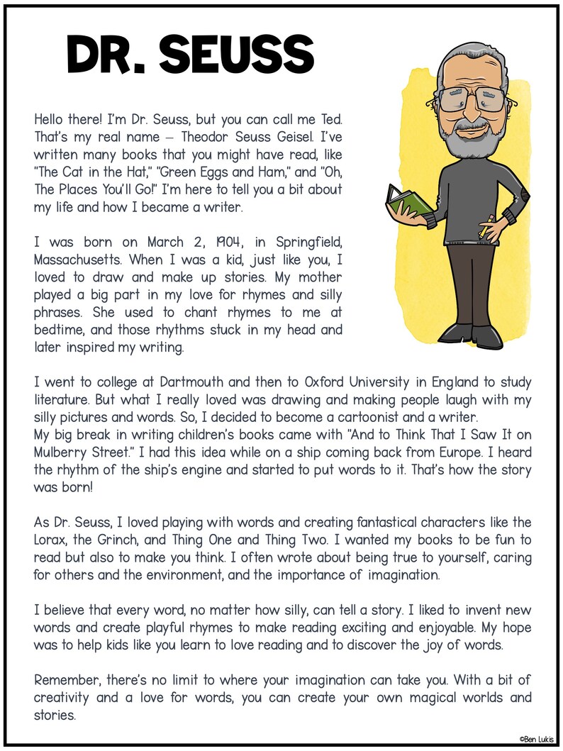 Dr Seuss Author Study Worksheets and Activities, Printable PDF Teacher ...
