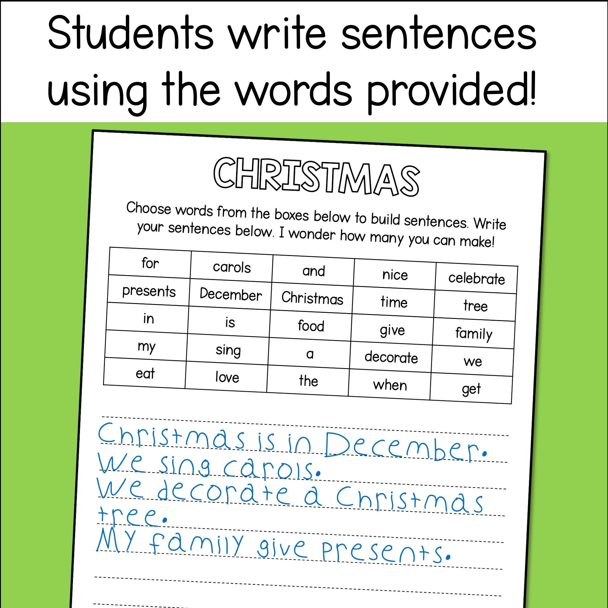 Writing Sentences With Words, Sentence Writing About Holidays ...