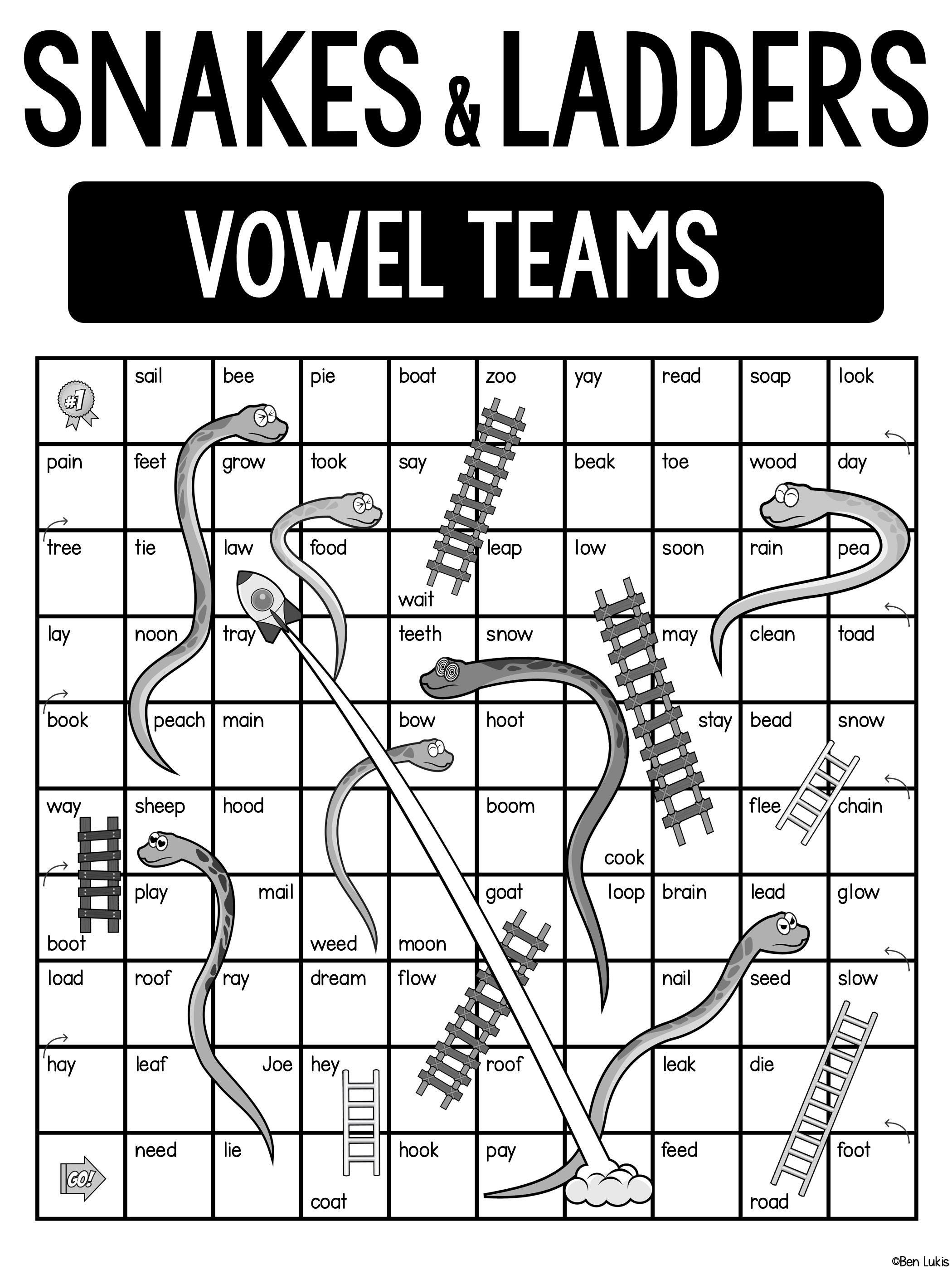 Snakes and Ladders Reading Game for Vowel Teams Practice, Printable ...