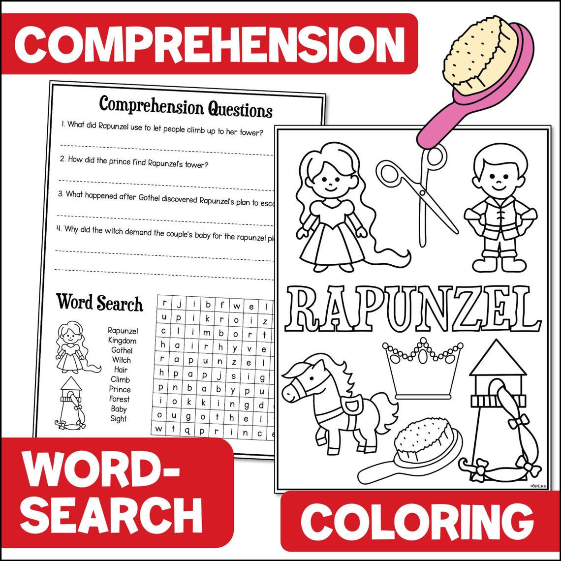 Rapunzel Activity Book, Reading Comprehension, Coloring (digital ...