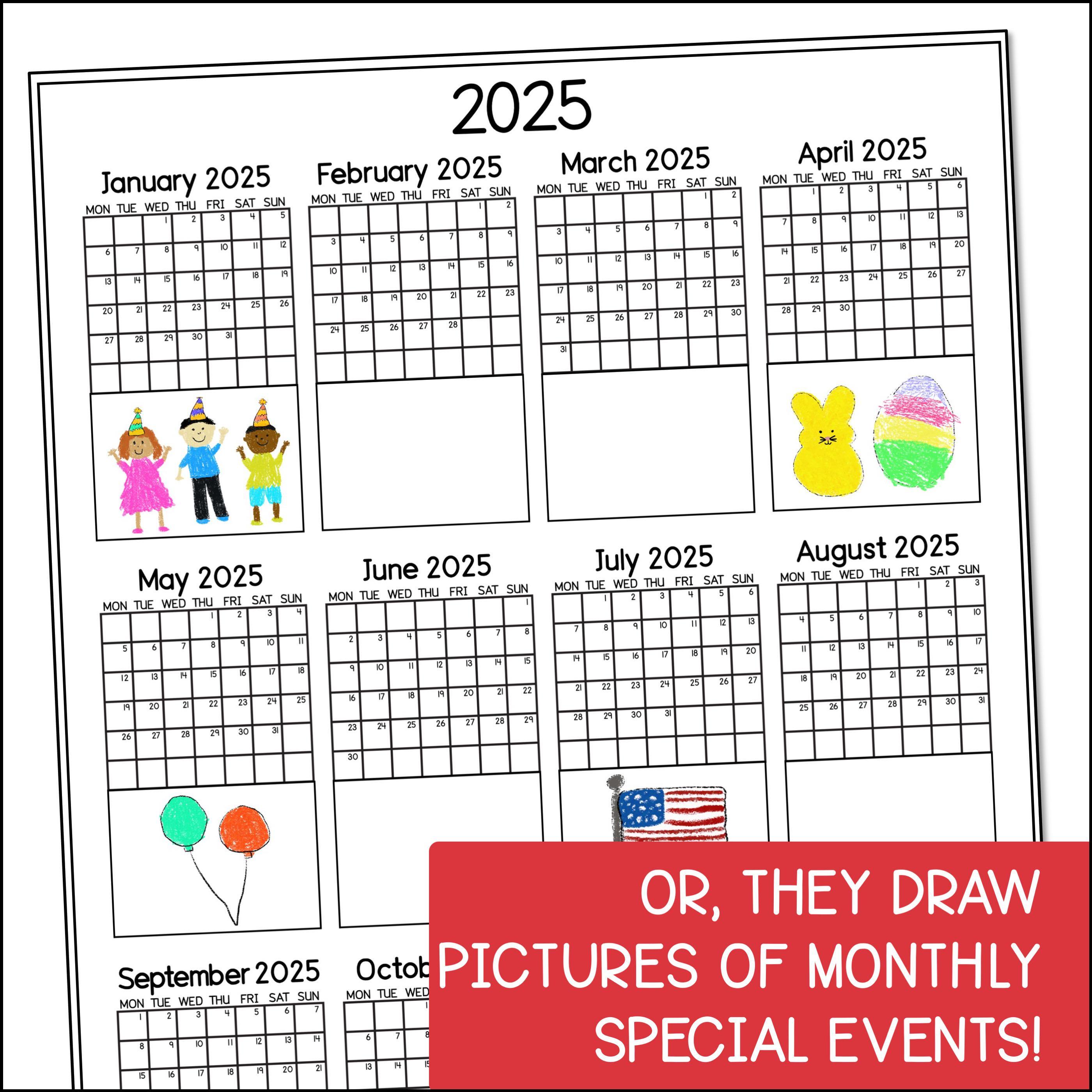 2025 Calendar for Kids, Printable Blank Monthly 2025 Calendar Gift ...