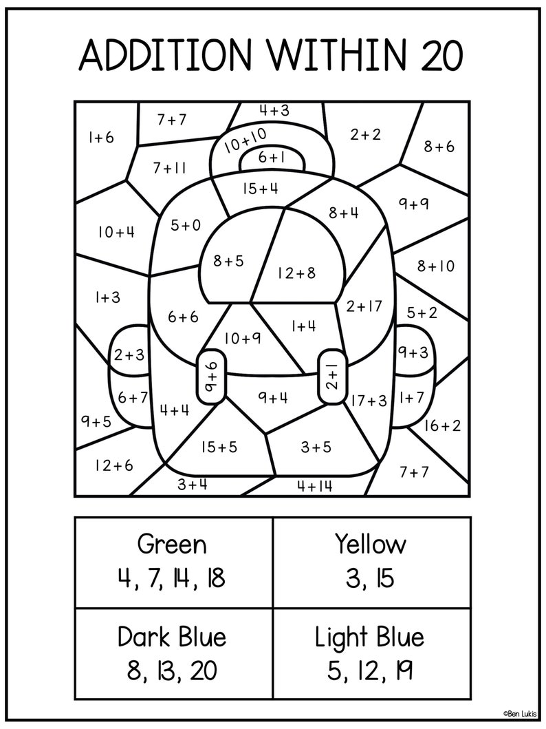 Color by Number Addition and Subtraction Within 20 Worksheets, Math ...