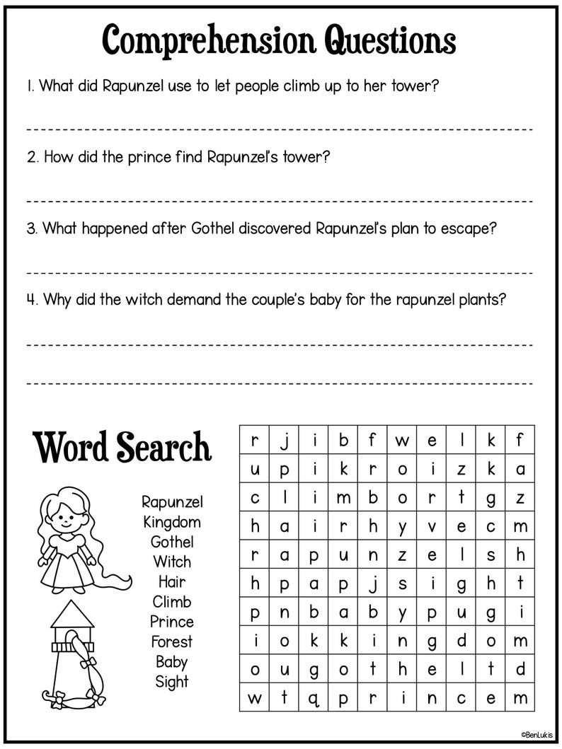 Rapunzel Reading Comprehension, Word Search, Coloring Pages, Fun ...