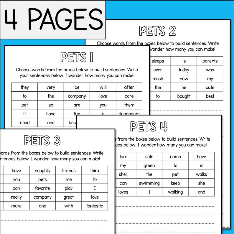 Building Sentences Using Words, Writing Sentences About Pets, Printable ...
