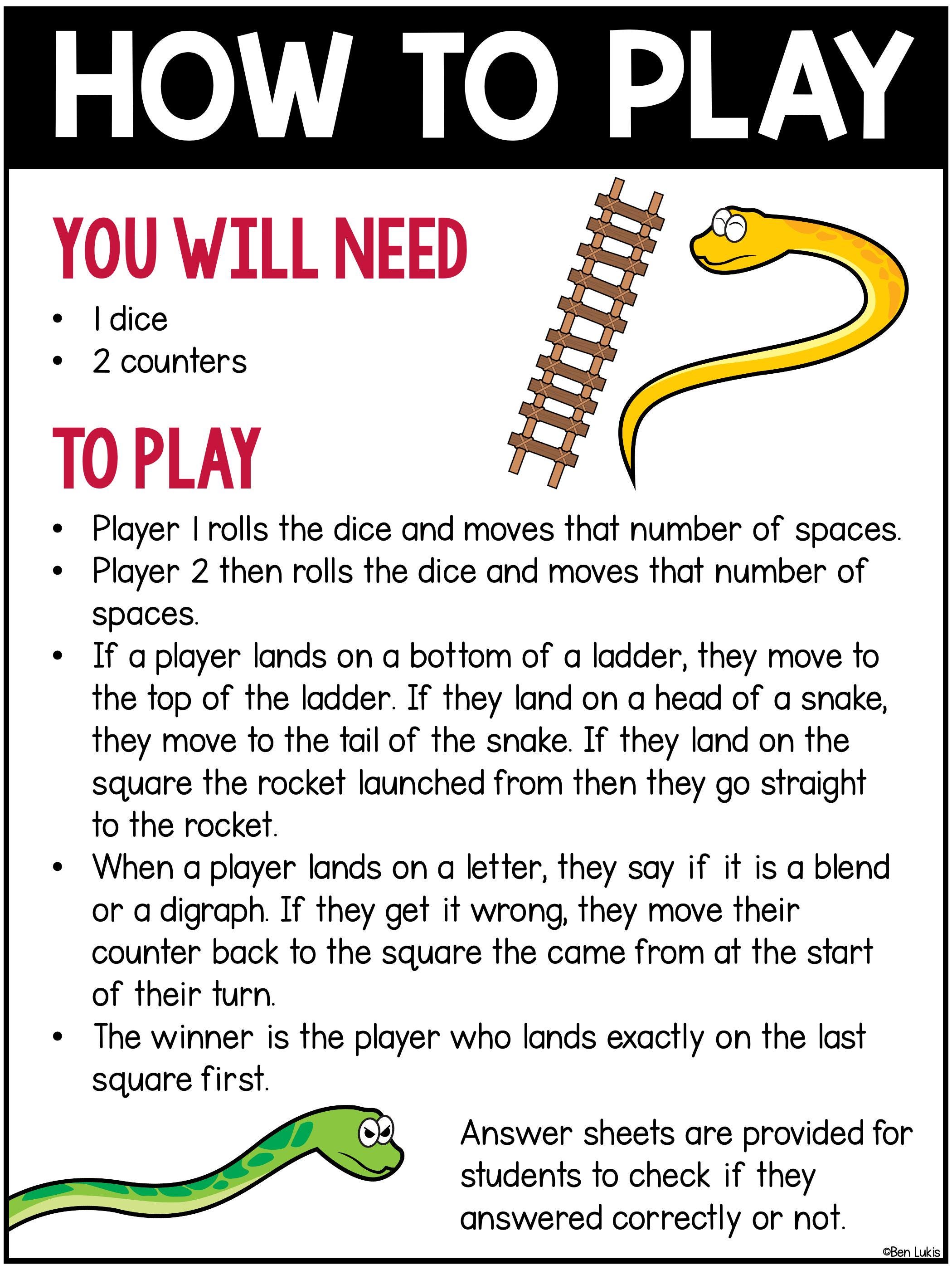 Snakes and Ladders Phonics Game for Blends and Digraphs, Printable ...
