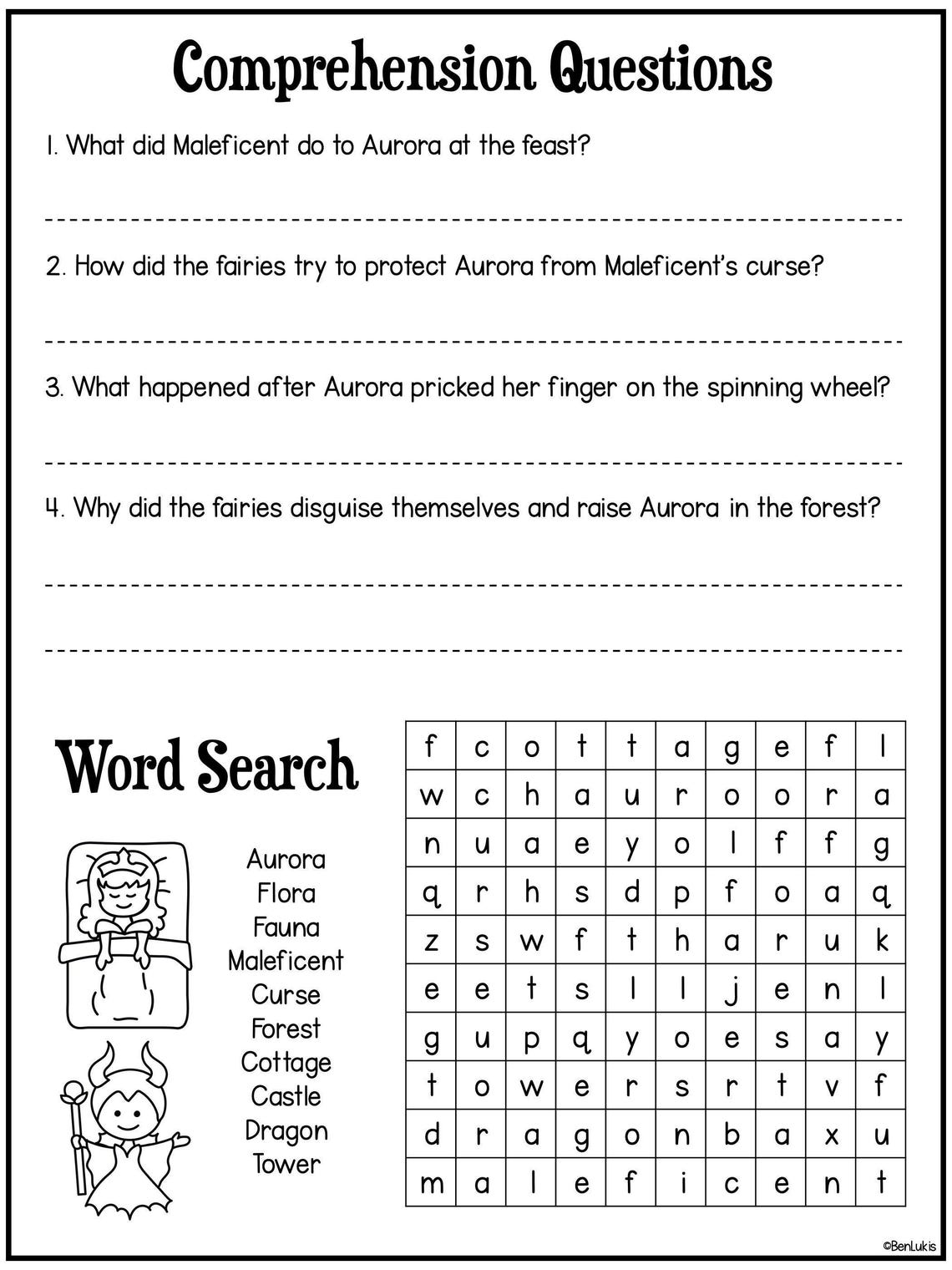 Sleeping Beauty Comprehension Worksheets, Reading Activities, Word ...