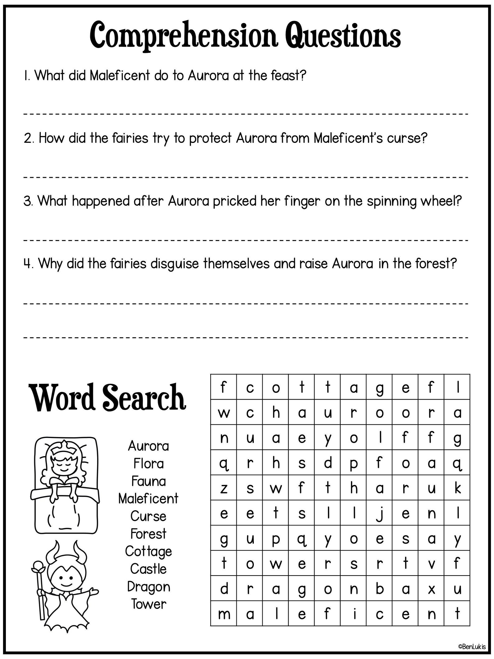 Sleeping Beauty Comprehension Worksheets, Reading Activities, Word ...