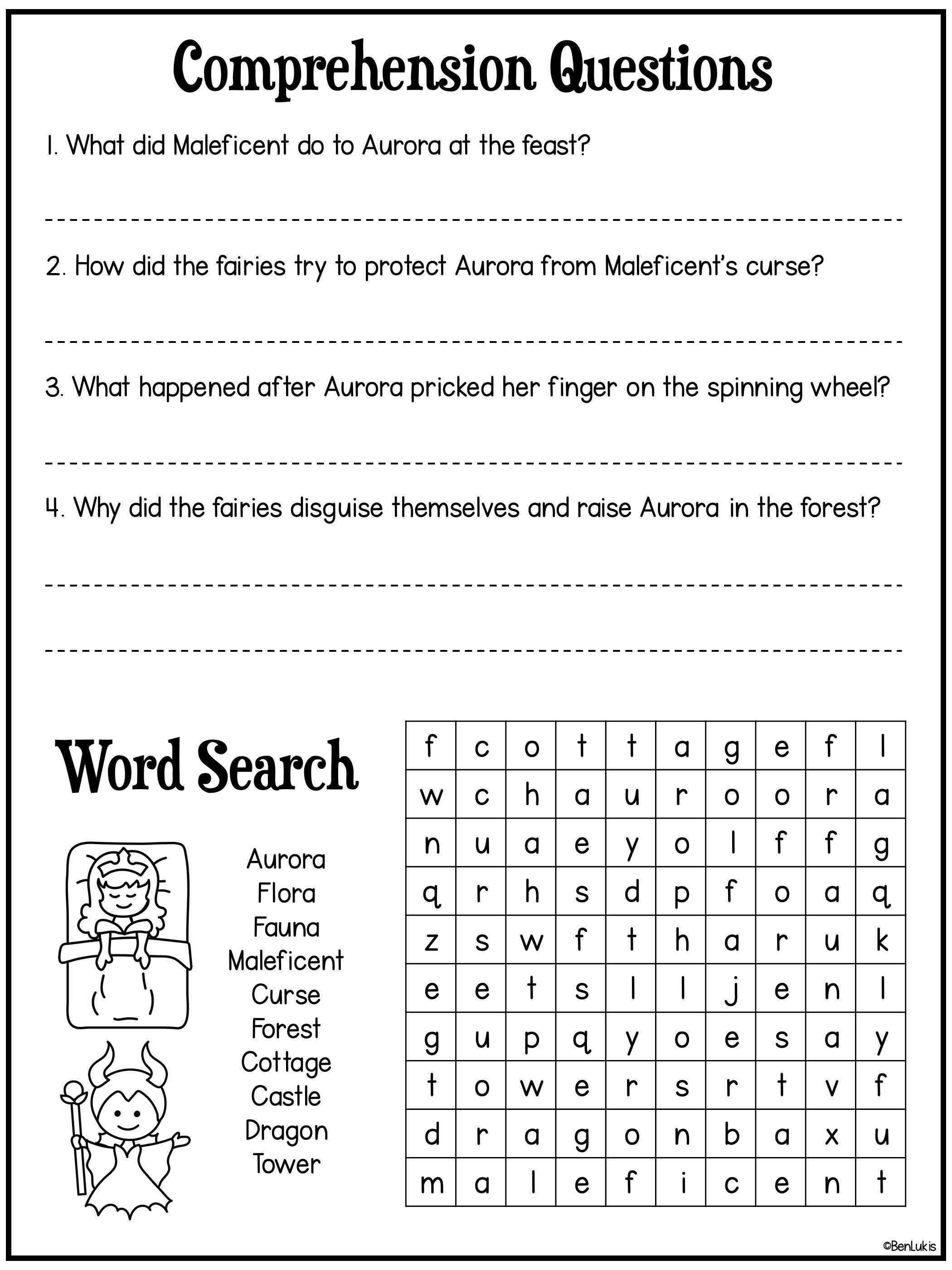 Sleeping Beauty Comprehension Worksheets, Reading Activities, Word ...