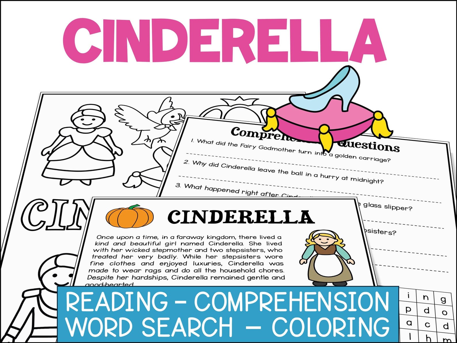 Cinderella Reading Activity, Comprehension Questions, Word Search ...