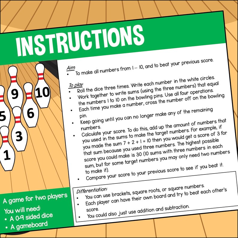 Four Operations Math Game Bowling Numbers Printable Math | Etsy