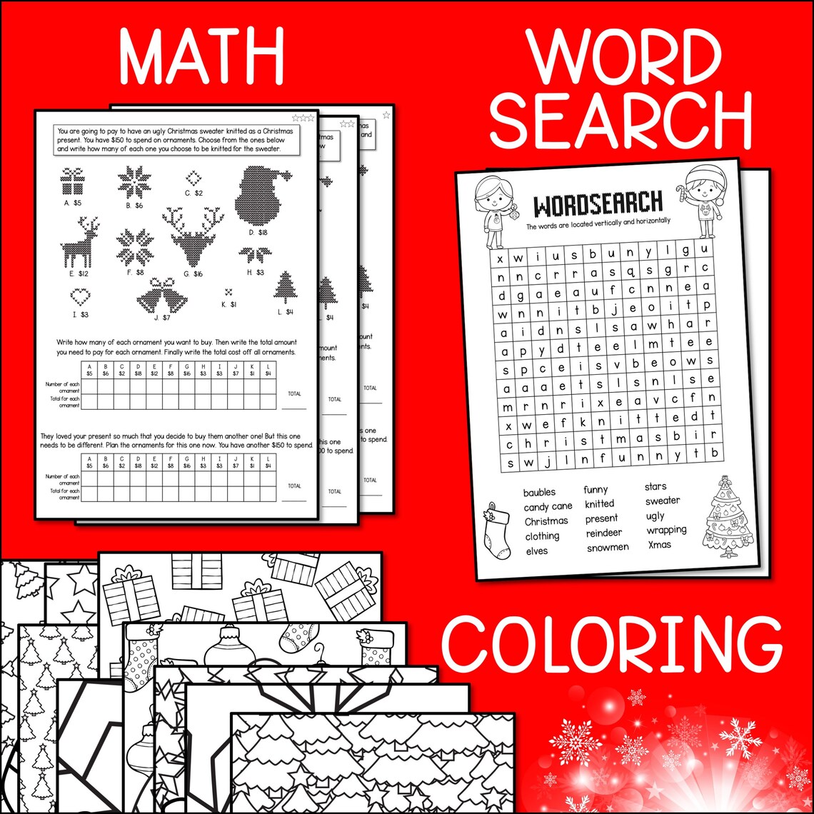 Ugly Christmas Sweater Word Search, Xmas Writing Prompts, Math ...