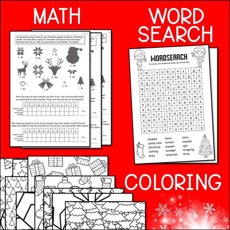 Ugly Christmas Sweater Word Search, Xmas Writing Prompts, Math ... Ugly Christmas Sweater Word Search, Xmas Writing Prompts, Math ...