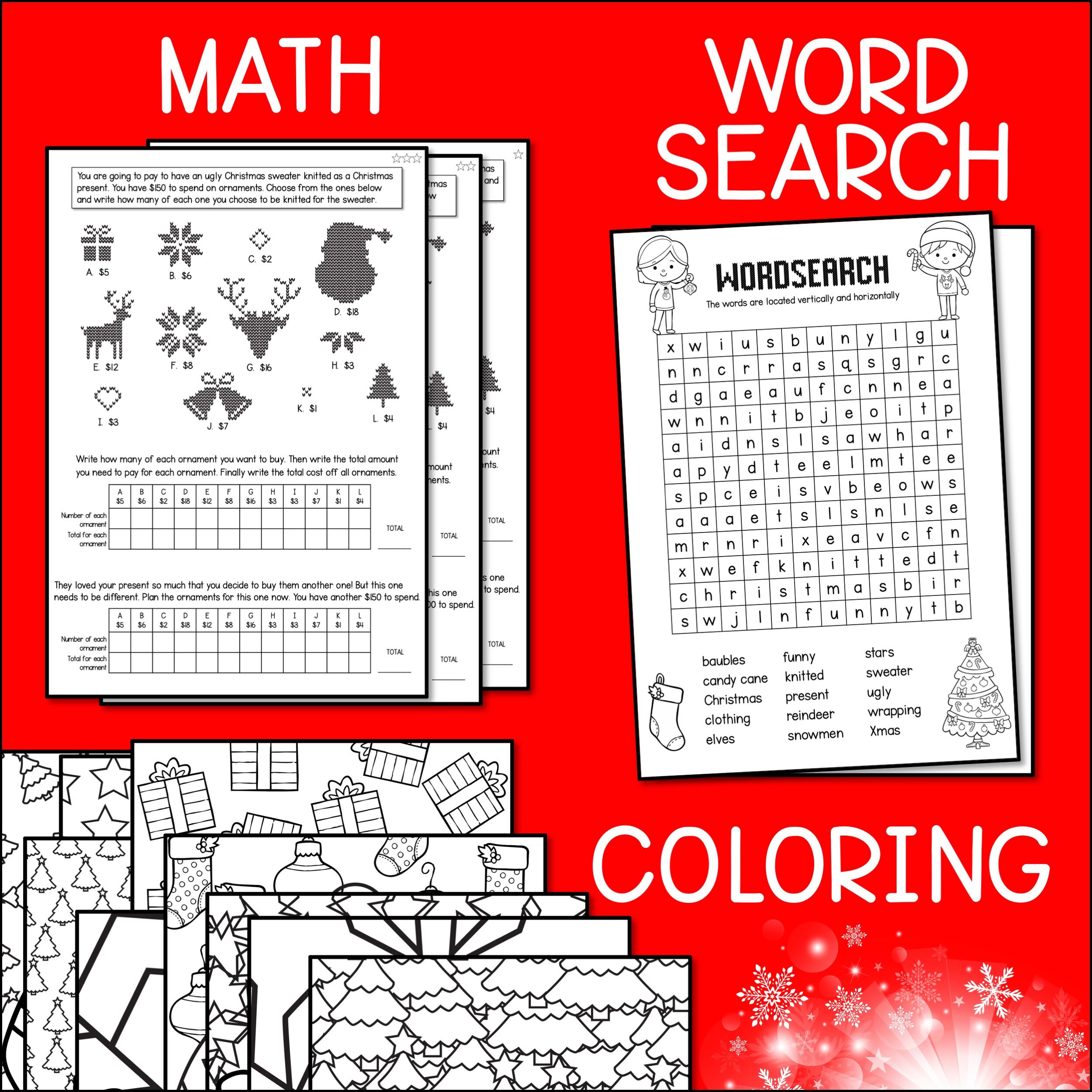 Ugly Christmas Sweater Word Search, Xmas Writing Prompts, Math ...