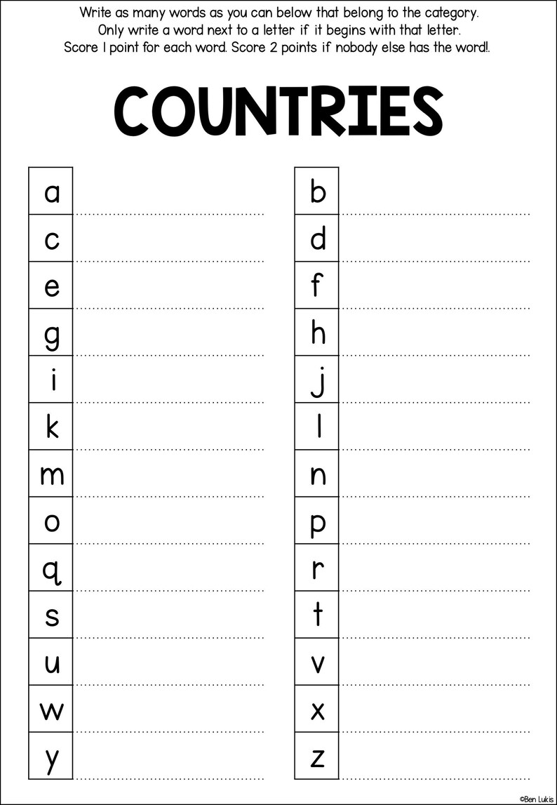 Vocabulary Word Game of Categories, Creative Thinking & Writing ...
