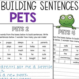 Building Sentences Using Words, Writing Sentences About Pets, Printable ...