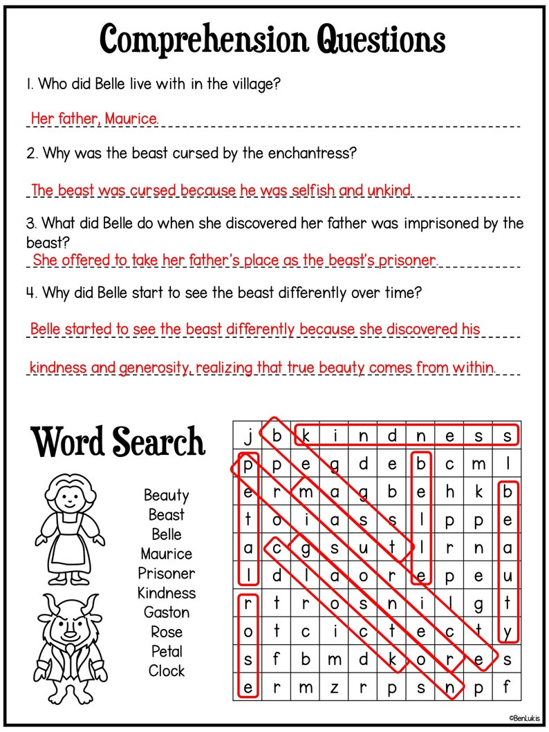 Beauty and the Beast Reading Activity, Comprehension Questions, Word ...