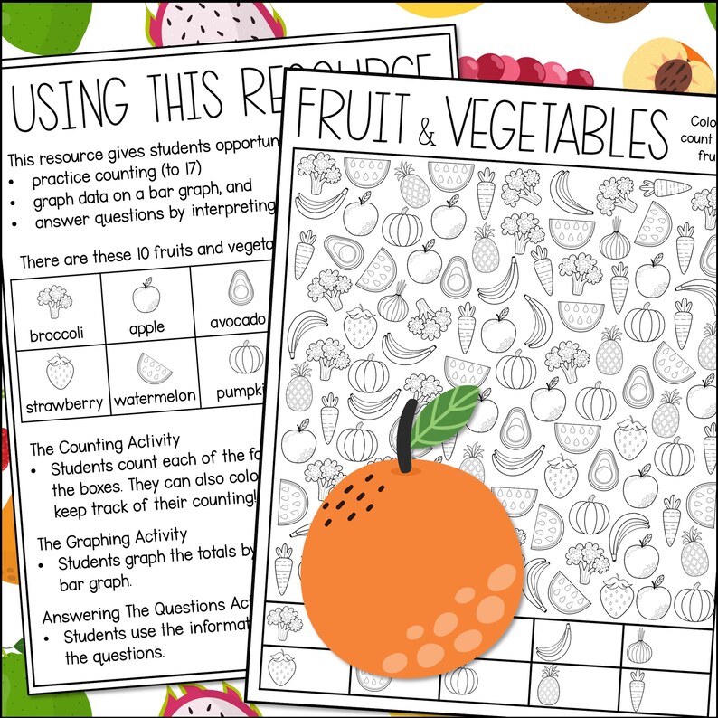 Fruit and Vegetables Count & Graphing Math Worksheets, Healthy Eating ...