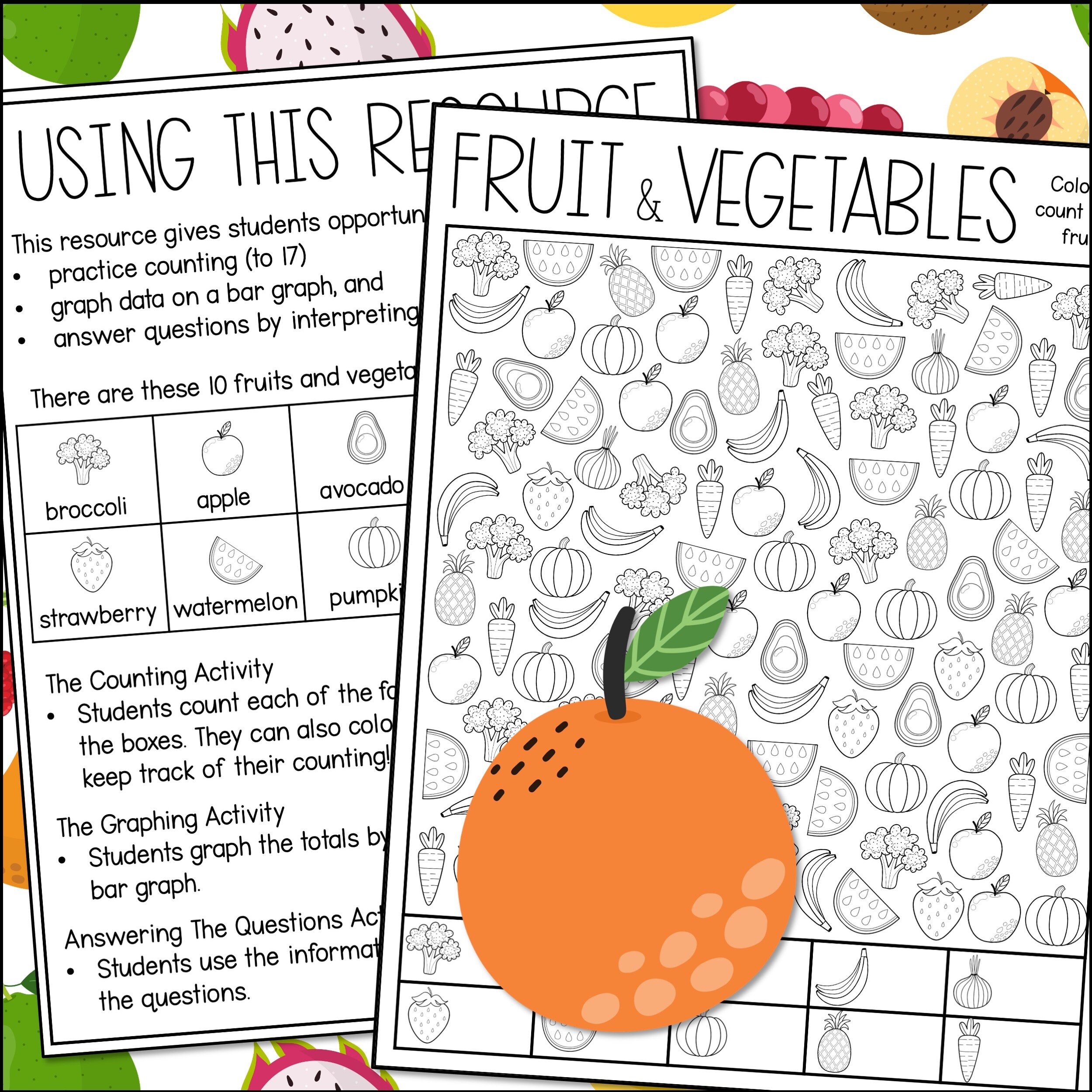 Fruit and Vegetables Count & Graphing Math Worksheets, Healthy Eating ...