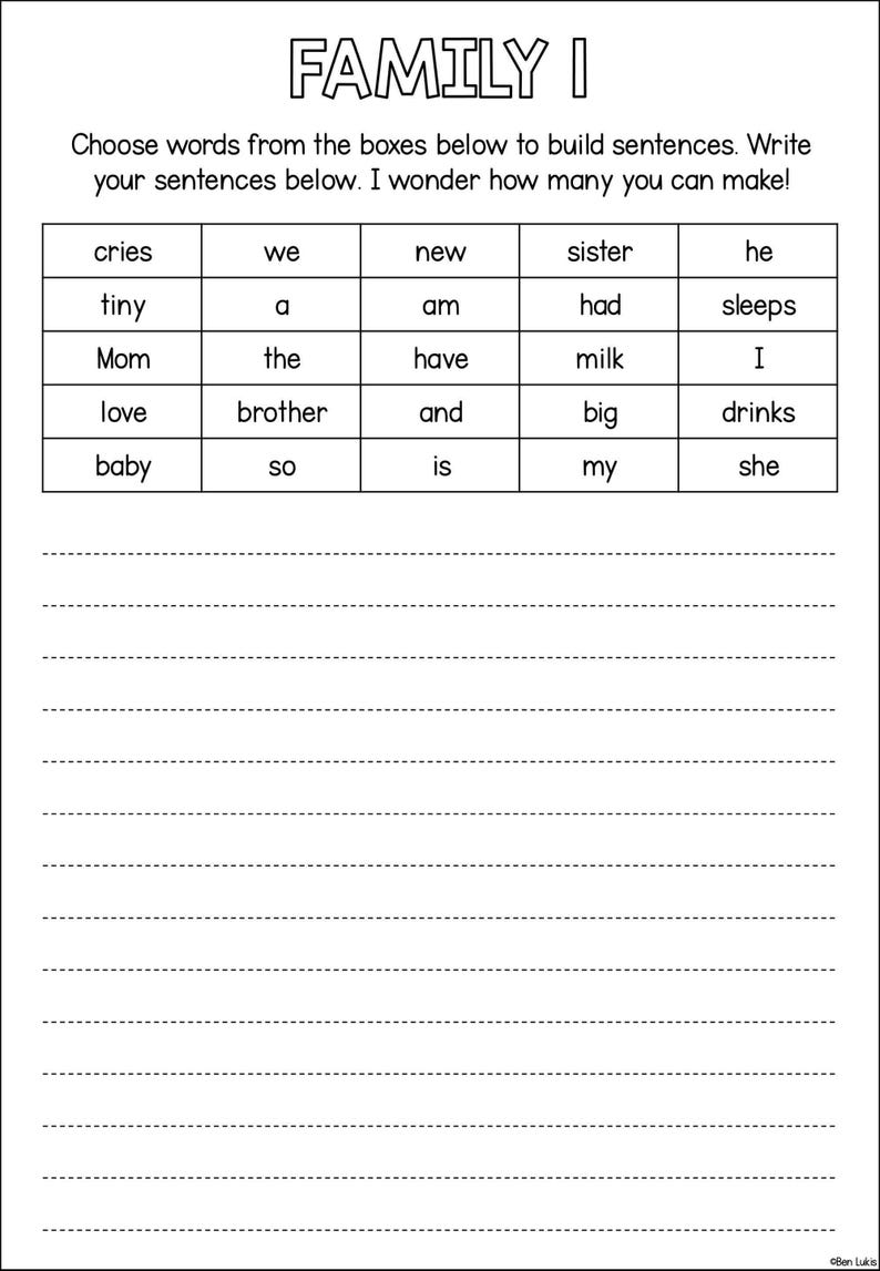 Building Sentences Using Words, Writing Sentences About Family ...