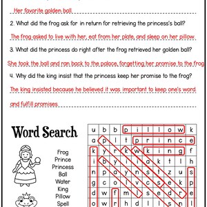 The Frog Prince Activity Pack, Reading Comprehension Worksheets, Word ...