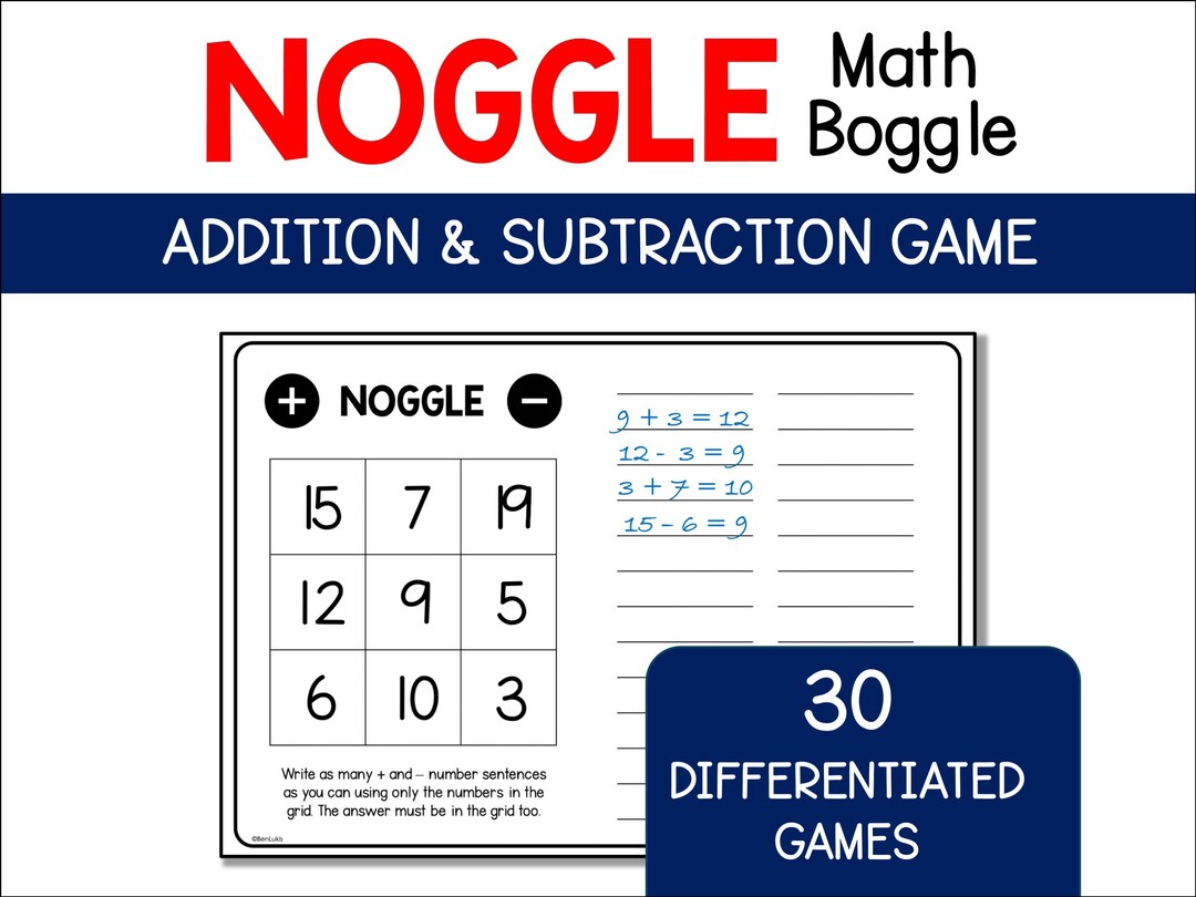 Addition and Subtraction Math Game, Noggle Math Boggle, Printable Math ...