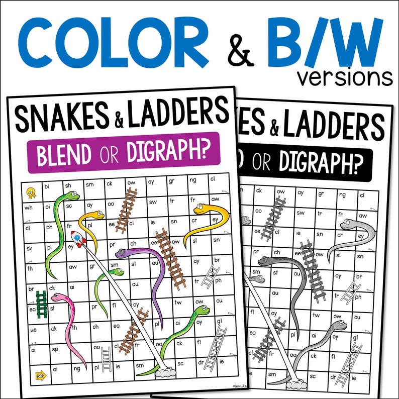 Snakes and Ladders Phonics Game for Blends and Digraphs, Printable ...