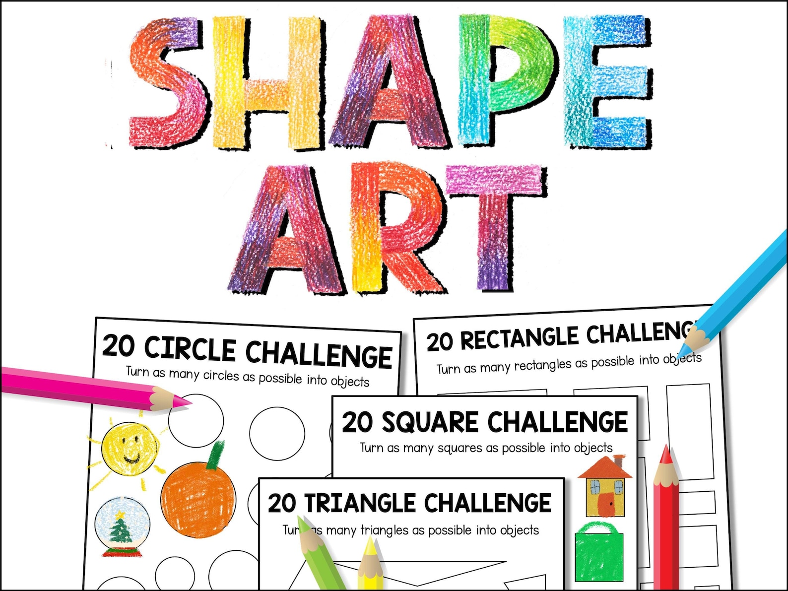 Shape Art Drawing Challenge & Coloring Pages for Kids, 2D Shapes ...