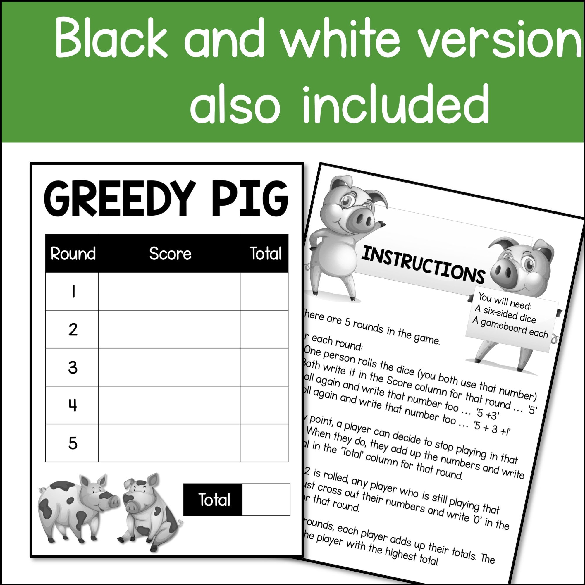 Addition Math Game of Chance and Probability, Greedy Pig Math Game, Fun ...