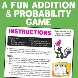 Skunk Math Game, Addition Probability and Chance Printable PDF Game to ...