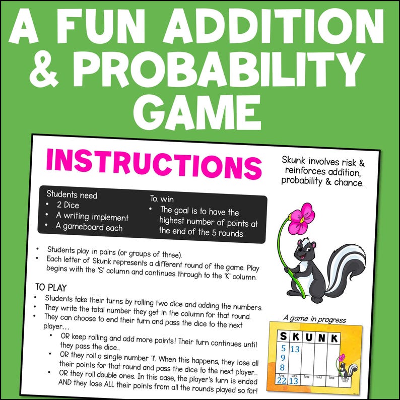 Skunk Math Game, Addition Probability and Chance Printable PDF Game to ...