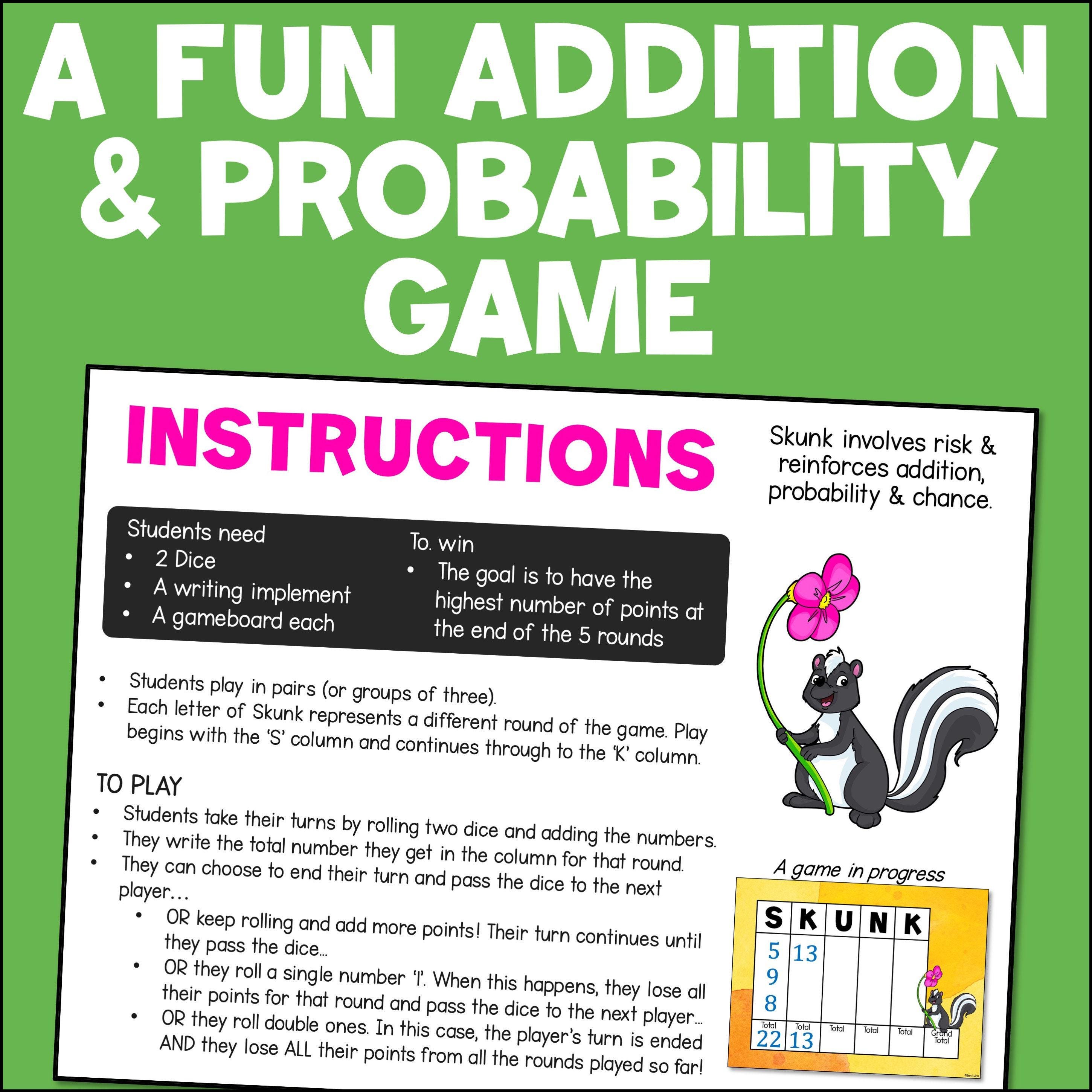 Skunk Math Game, Addition Probability and Chance Printable PDF Game to ...