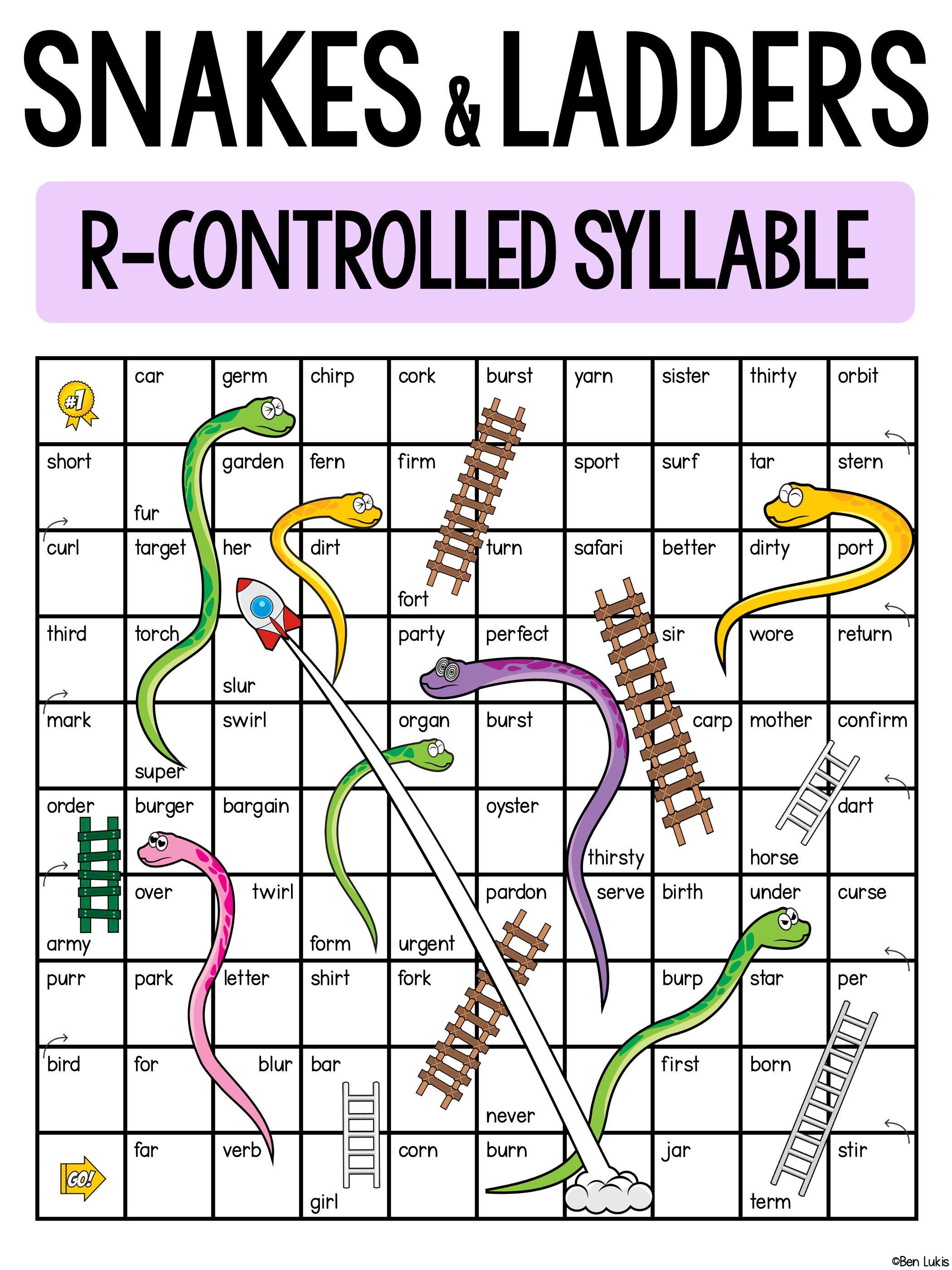 Snakes and Ladders R-controlled Vowel Phonics Game for Kids, Printable ...
