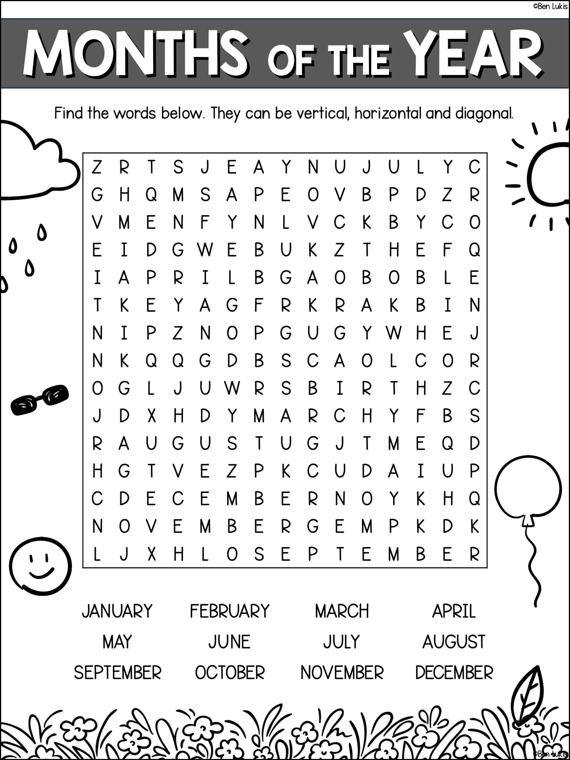 Word Search Puzzles for Days of Week, Months of the Year, Time Word ...