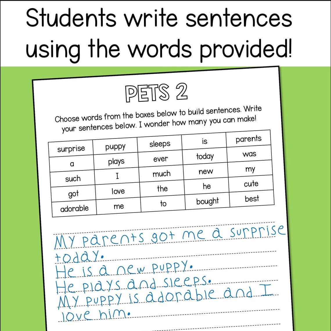 Building Sentences Using Words, Writing Sentences About Pets, Printable ...