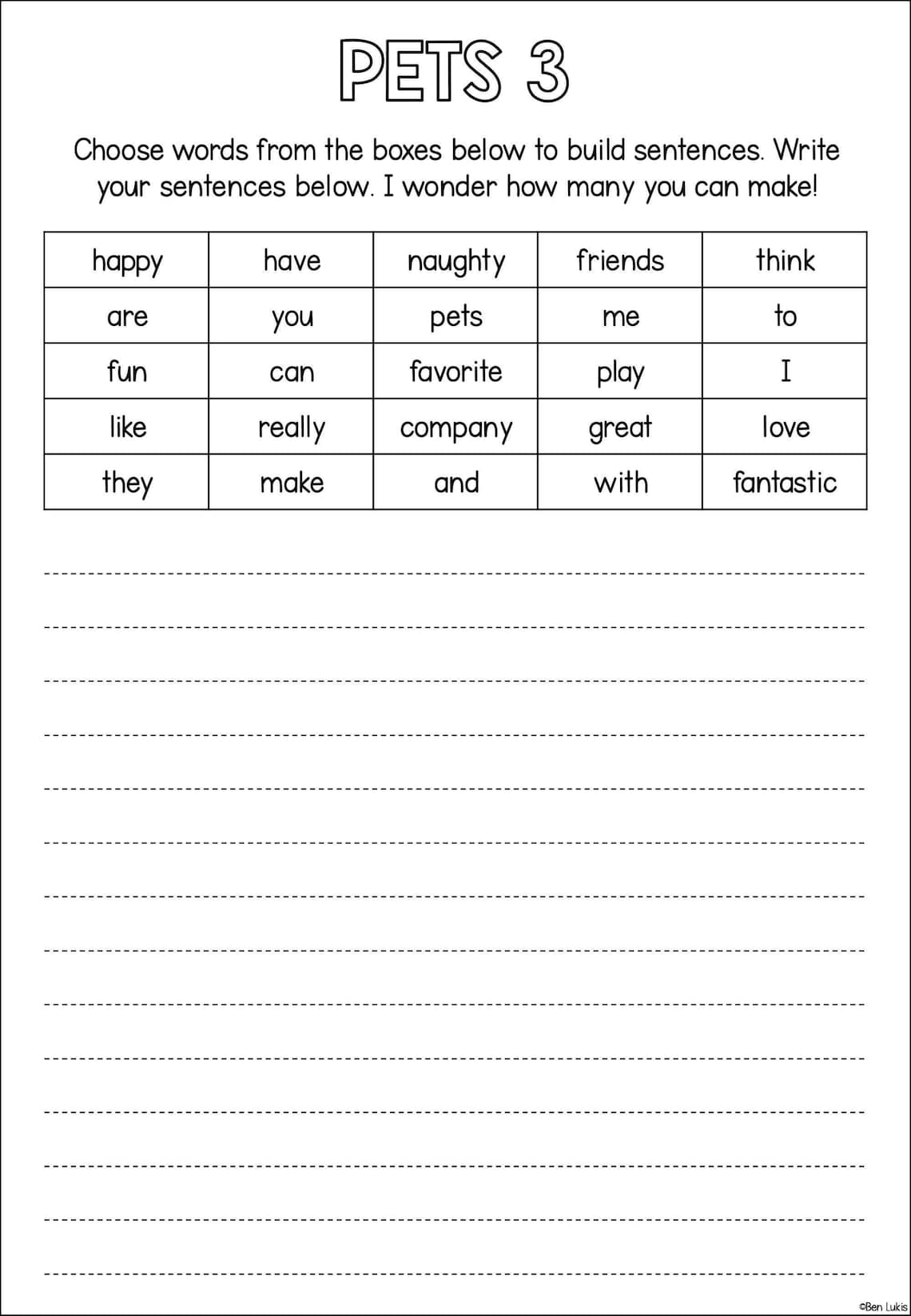 Building Sentences Using Words, Writing Sentences About Pets, Printable ...