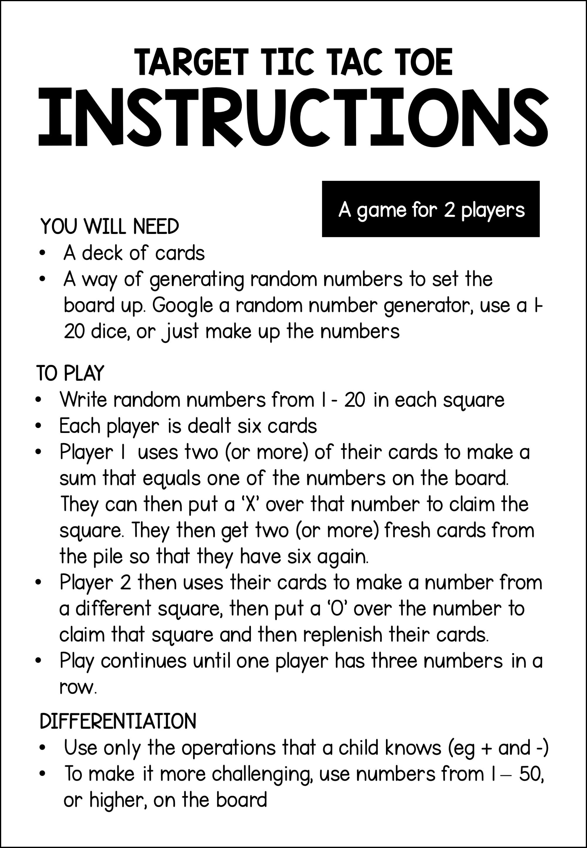 Four Operations Math Game, Tic Tac Toe Math Practice, Number Fact ...