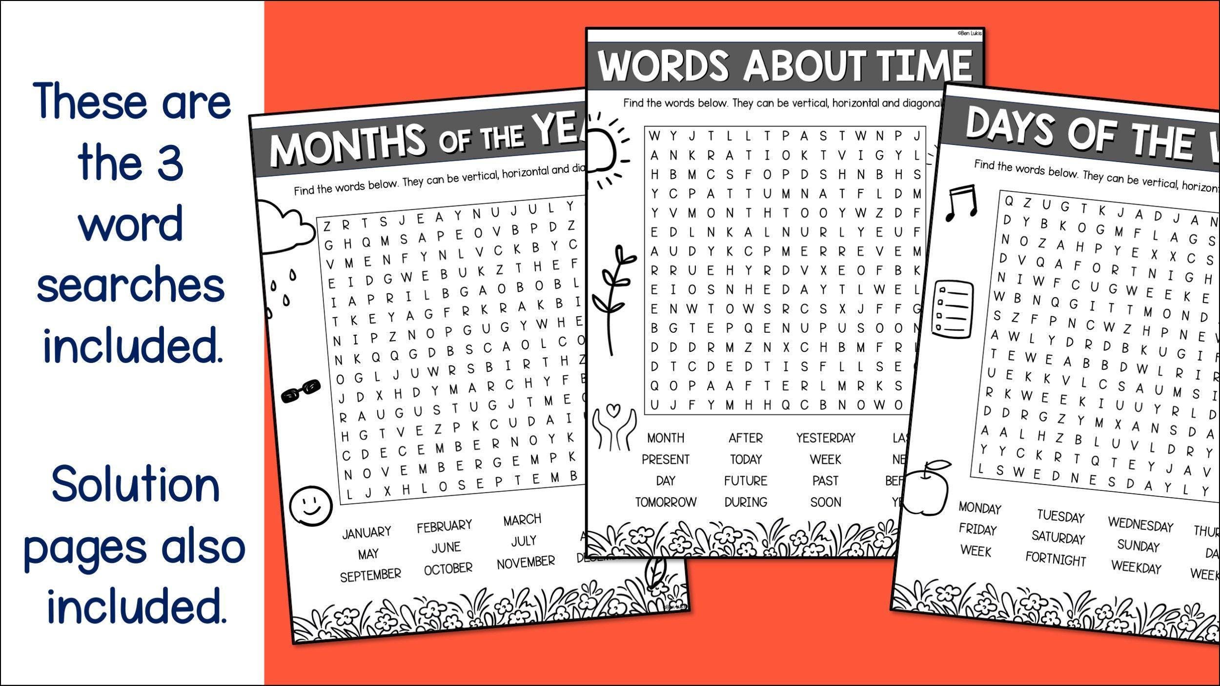 Word Search Puzzles for Days of Week, Months of the Year, Time Word ...