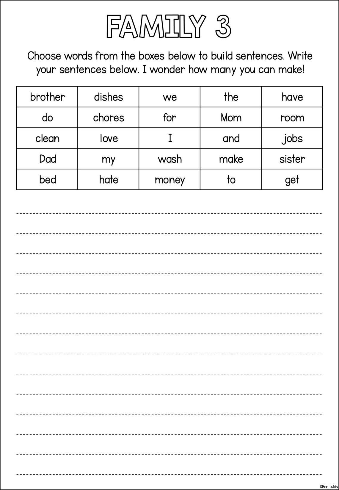 Building Sentences Using Words, Writing Sentences About Family ...