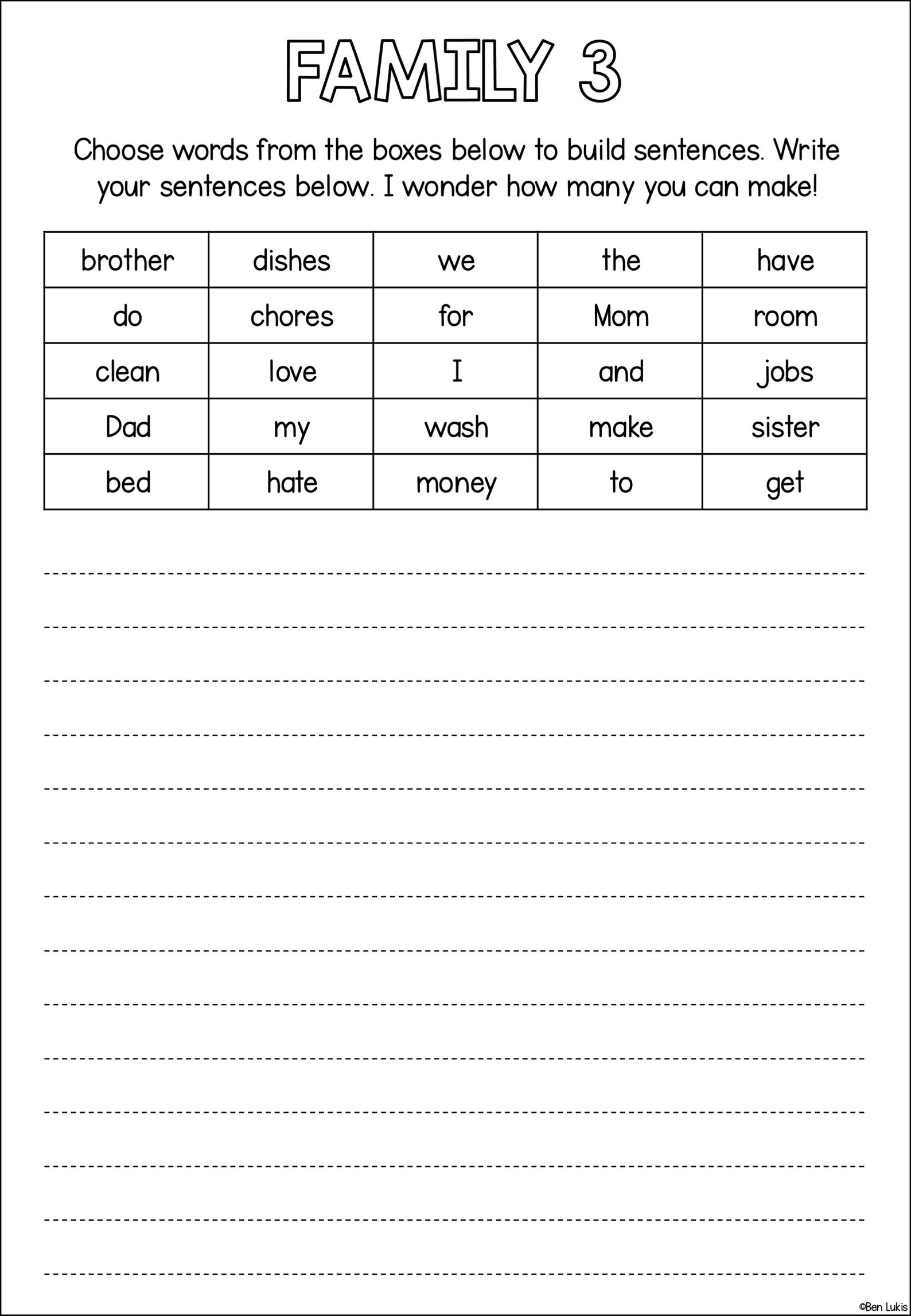 Building Sentences Using Words, Writing Sentences About Family ...
