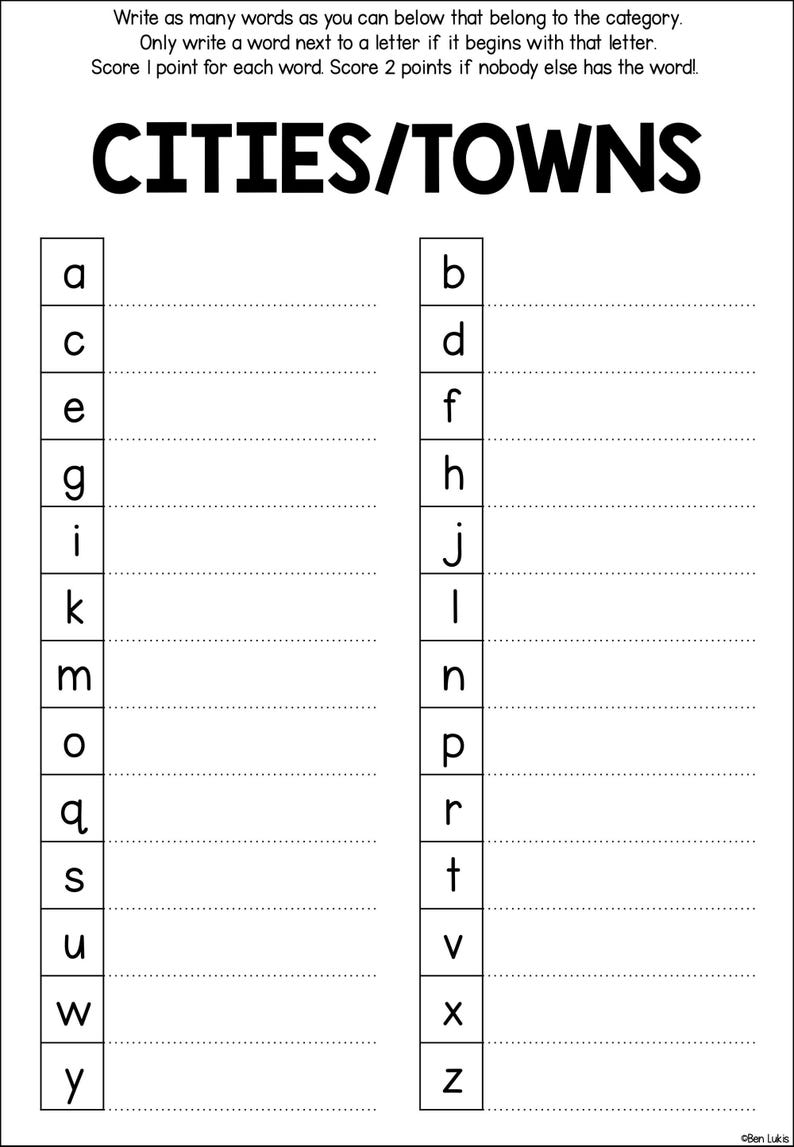 Vocabulary Word Game of Categories, Creative Thinking & Writing ...