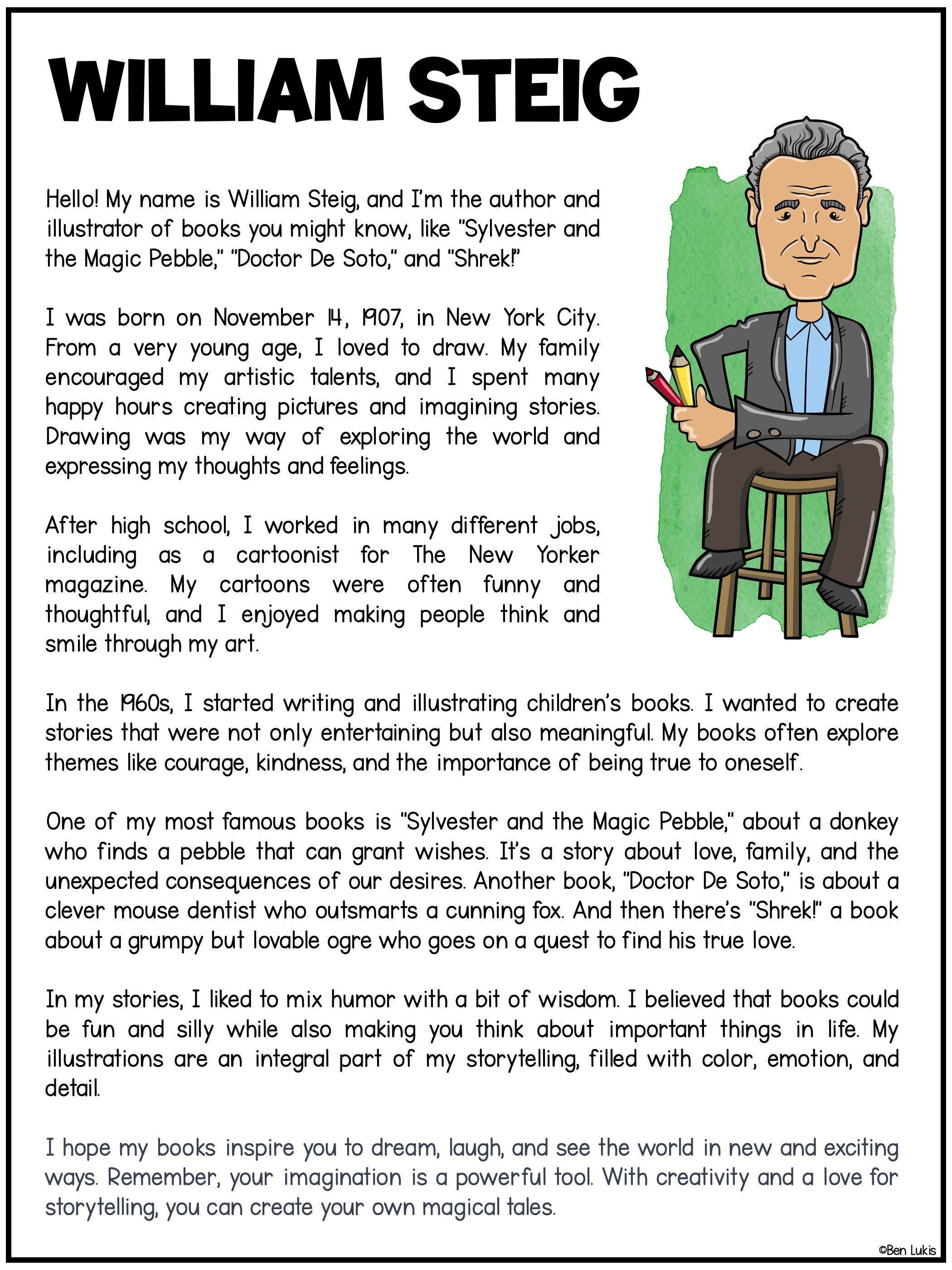 William Steig Author Study Worksheets, Homeschool and Teacher Resource ...