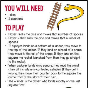 Snakes and Ladders R-controlled Vowel Phonics Game for Kids, Printable ...