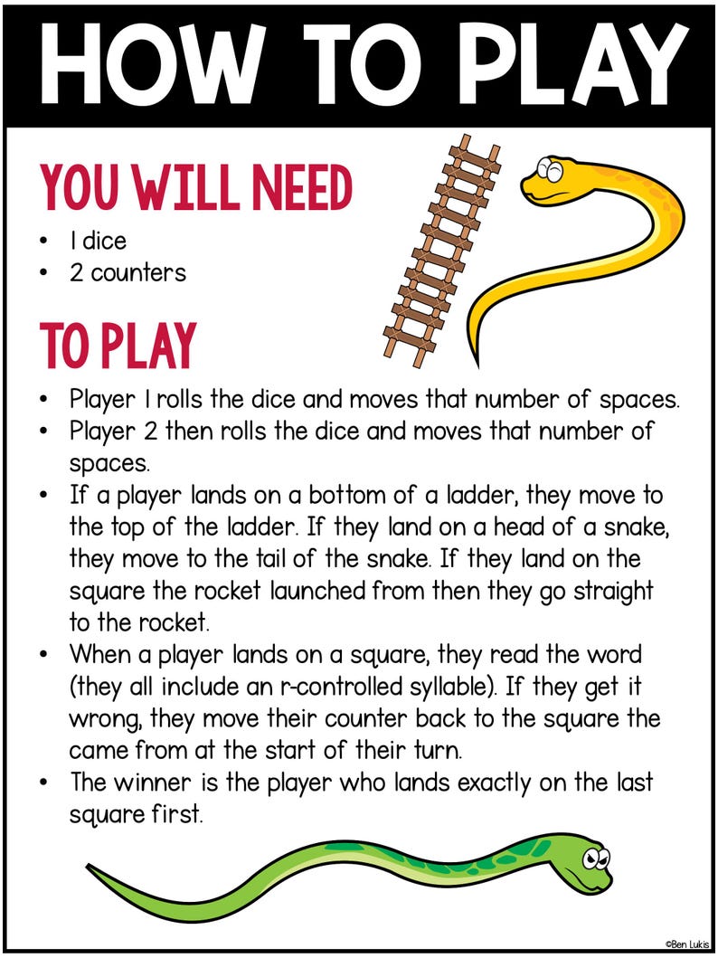 Snakes and Ladders R-controlled Vowel Phonics Game for Kids, Printable ...