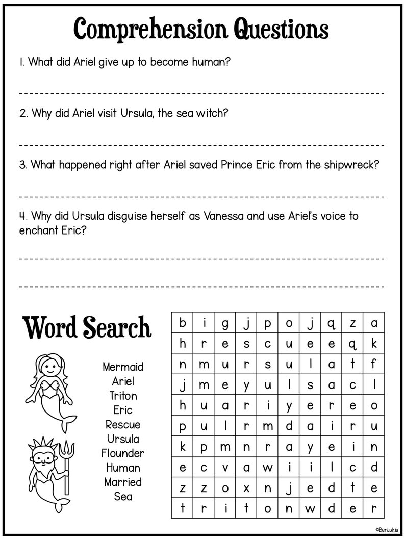 The Little Mermaid Activity Pack, Reading Comprehension Worksheets ...