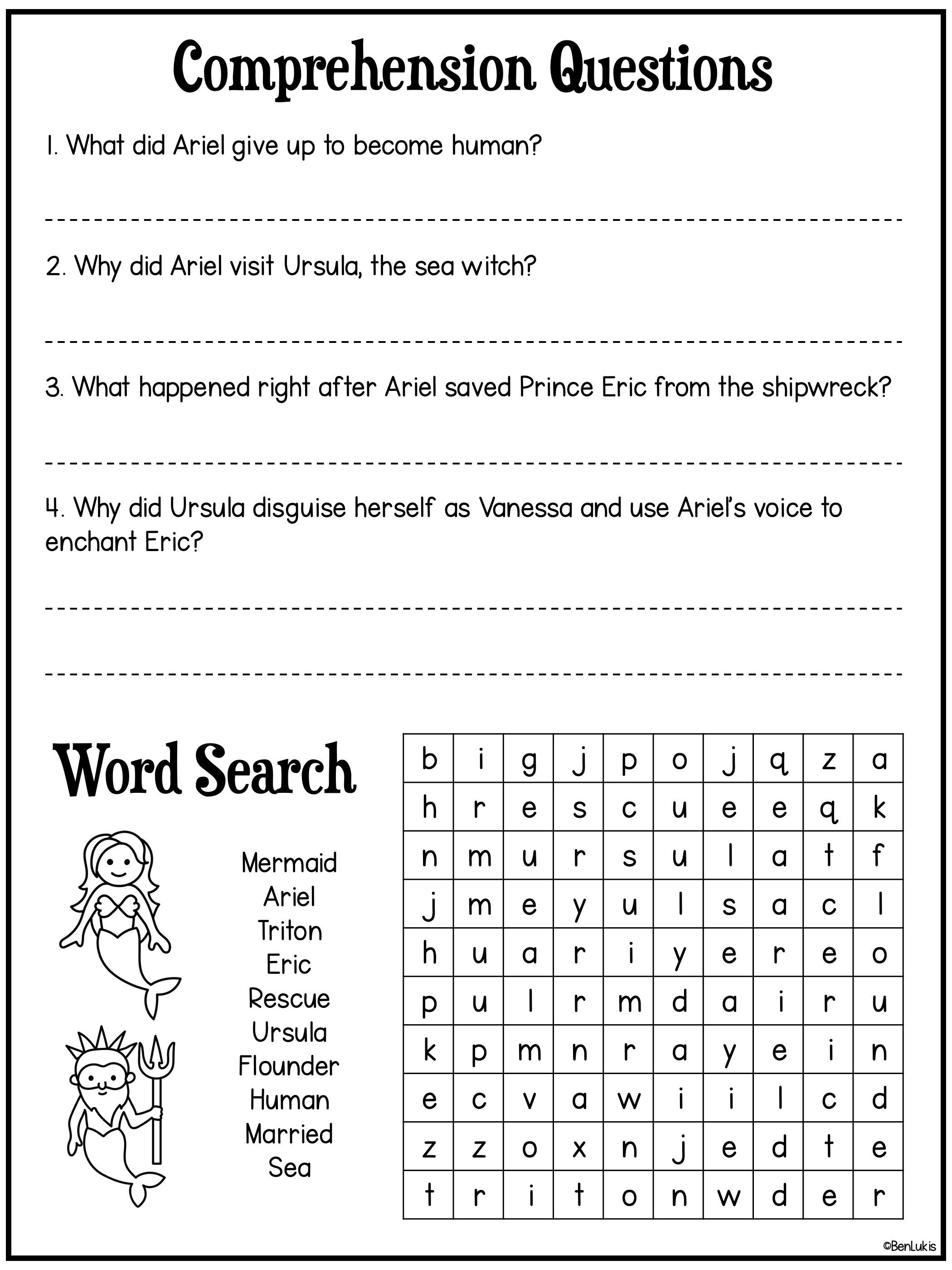 The Little Mermaid Activity Pack, Reading Comprehension Worksheets ...