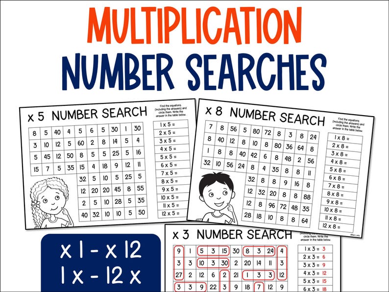 Multiplication Facts Number Searches for Times Tables Math Practice ...