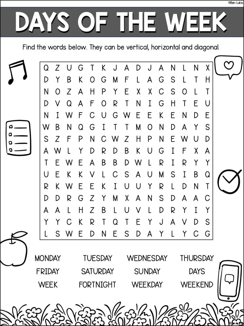 Word Search Puzzles for Days of Week, Months of the Year, Time Word ...