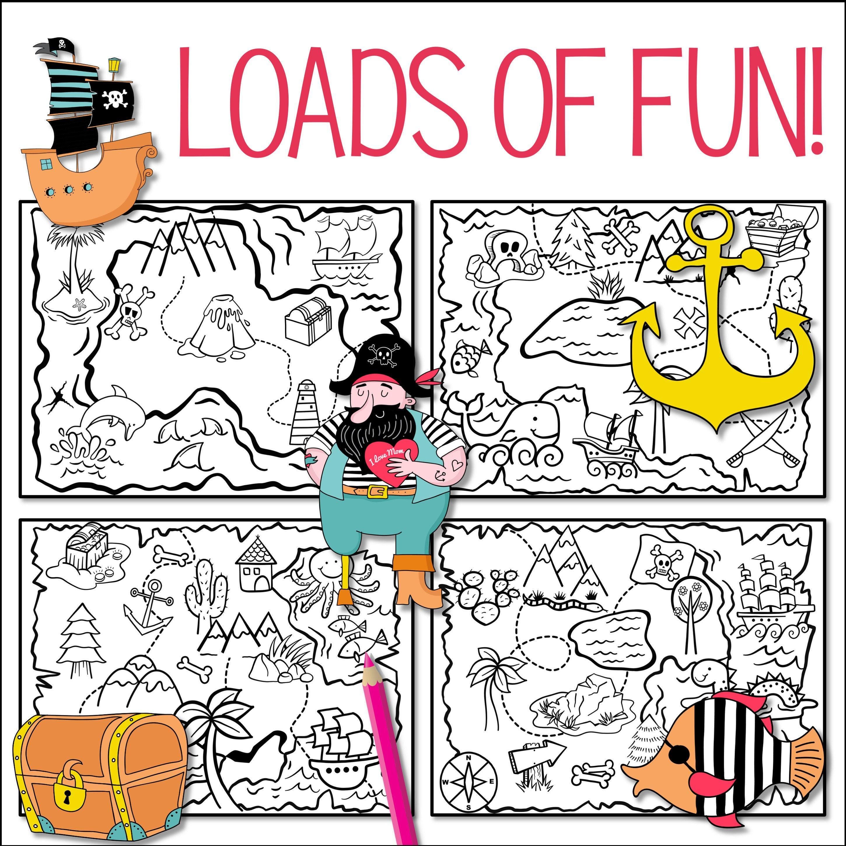 Pirate Treasure Maps Coloring Pages, Kids Printable Activity, Digital ...