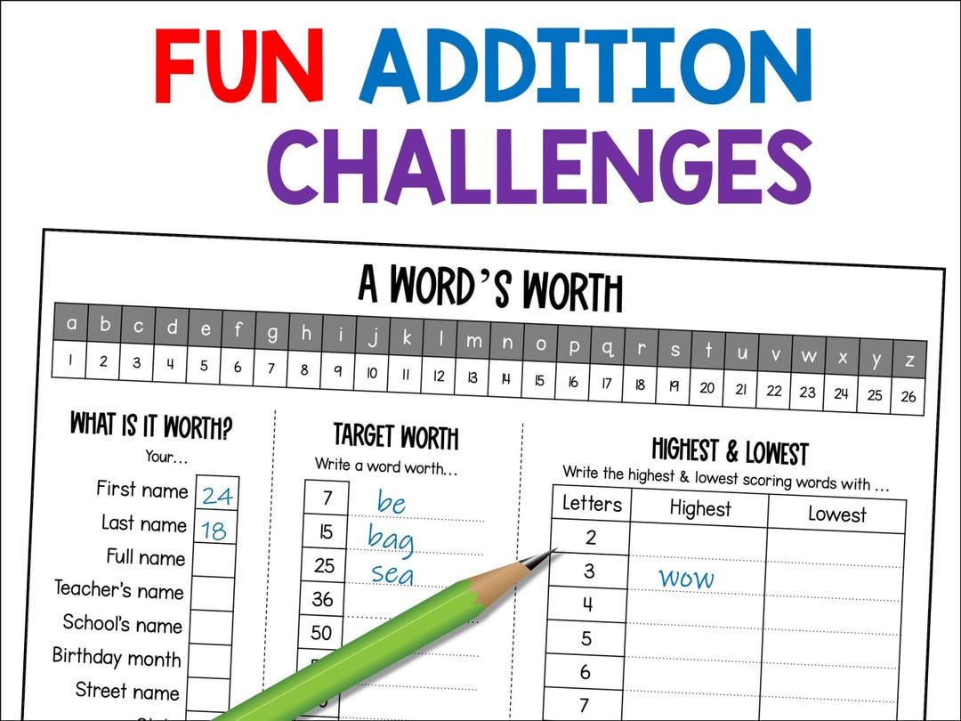 Fun Math Addition Challenges, Calculate Word Value (PDF, PPT) - Etsy